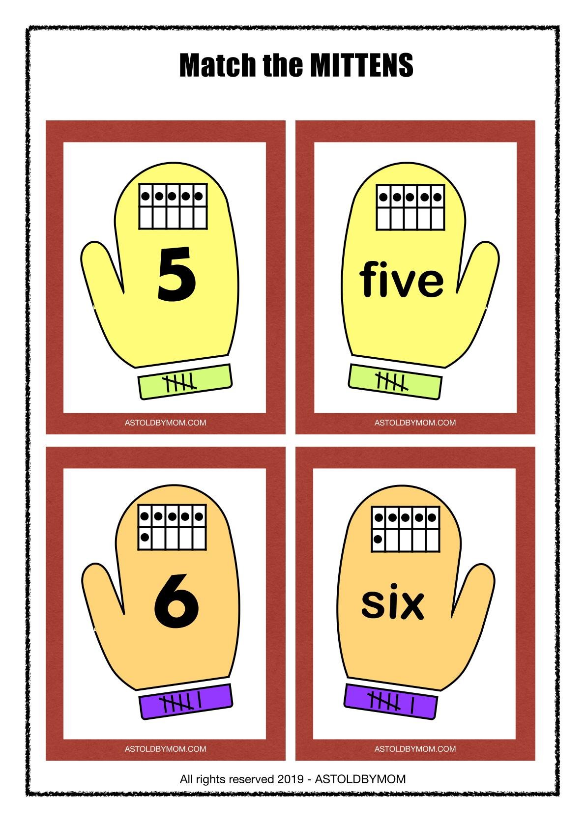 Match the Mittens - Counting, Number Names, Tally Marks - AS TOLD BY MOM